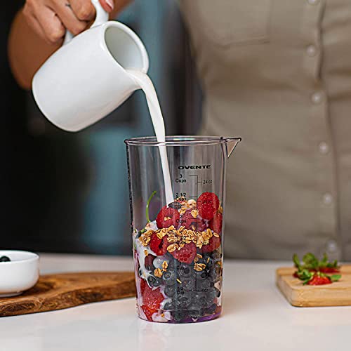 OVENTE Immersion Electric Hand Blender 300 Watt Power 2 Mix Speed with Stainless Steel Blades, Handheld Stick Mixer Set with Egg Whisk Attachment Mixing Beaker and BPA-Free Food Chopper, Red HS565R
