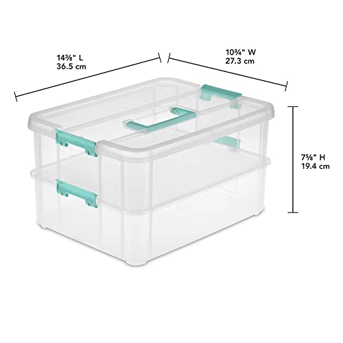 Sterilite Convenient Small Home 2-Tiered Layer Stack Carry Storage Box with Colored Accent Secure Latching Lid, Clear (4 Pack)