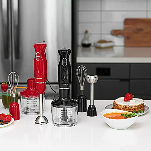 OVENTE Immersion Electric Hand Blender 300 Watt Power 2 Mix Speed with Stainless Steel Blades, Handheld Stick Mixer Set with Egg Whisk Attachment Mixing Beaker and BPA-Free Food Chopper, Red HS565R