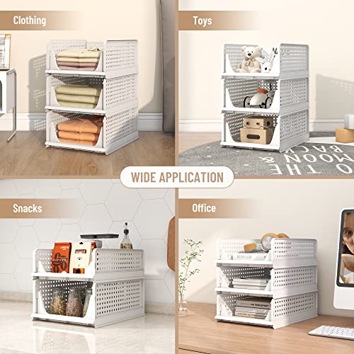 Pinkpum Stackable Plastic Storage Basket-Foldable Closet Organizers and Storage Bins 4 Pack-Drawer Shelf Storage Container for Wardrobe Cupboard Kitchen Bathroom Office 4L