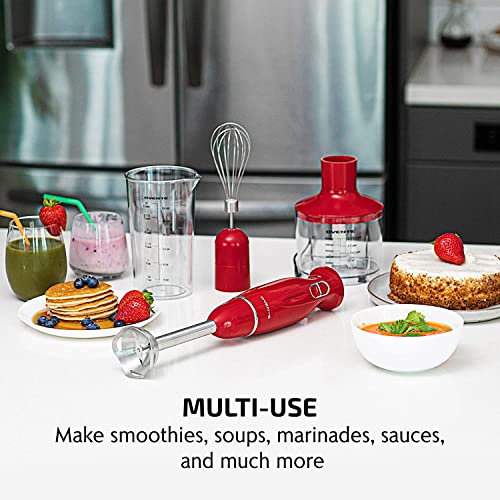 OVENTE Immersion Electric Hand Blender 300 Watt Power 2 Mix Speed with Stainless Steel Blades, Handheld Stick Mixer Set with Egg Whisk Attachment Mixing Beaker and BPA-Free Food Chopper, Red HS565R