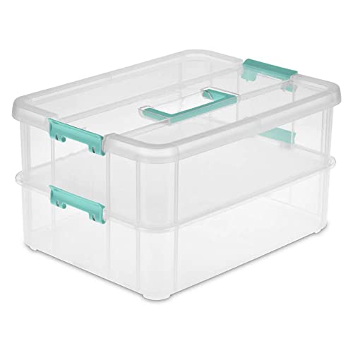 Sterilite Convenient Small Home 2-Tiered Layer Stack Carry Storage Box with Colored Accent Secure Latching Lid, Clear (4 Pack)