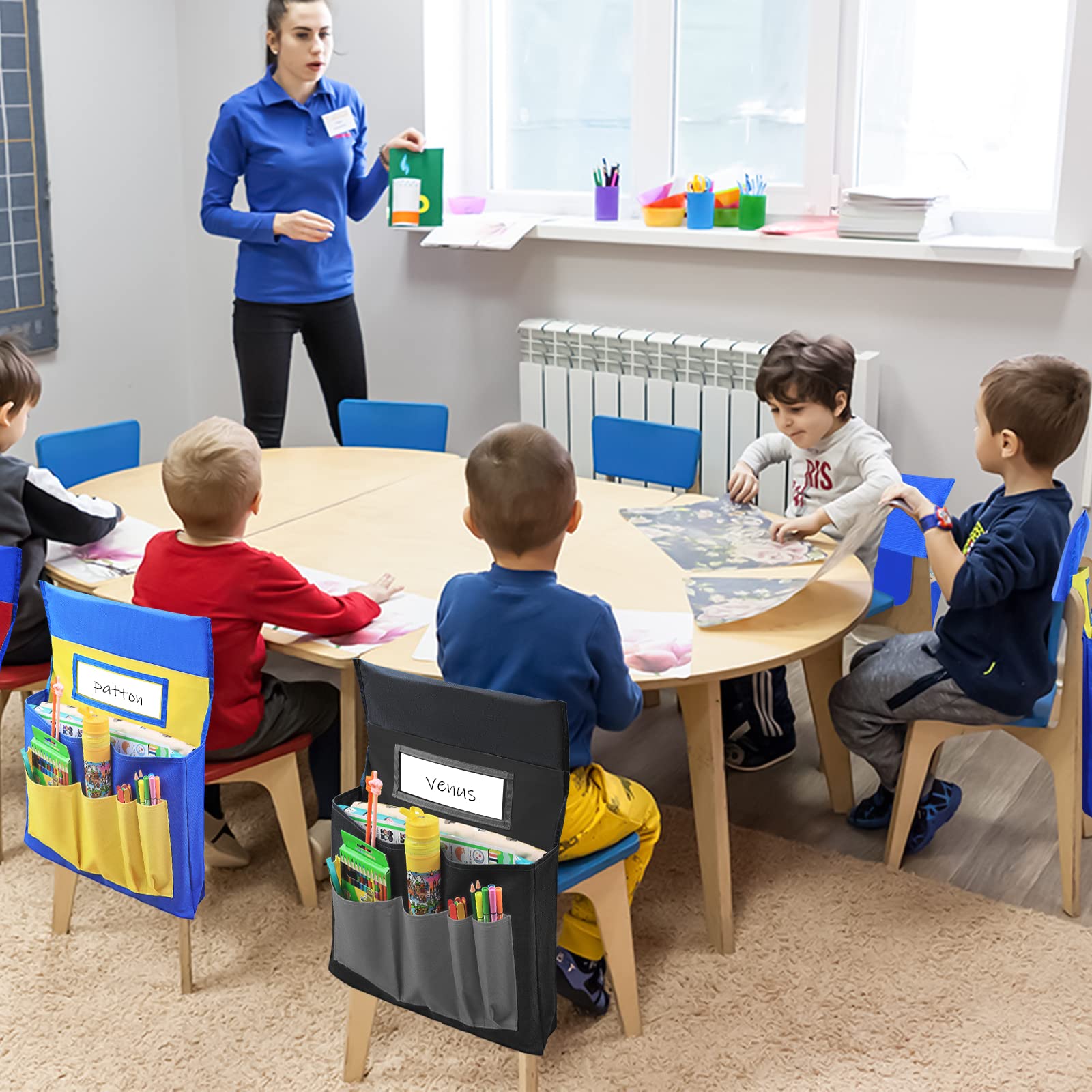 AUVCAS Black Chair Back Pocket School Seat Chair Storage Pocket Organizer with Label Slot Multiple Pockets for School Home Classroom Preschool Daycare