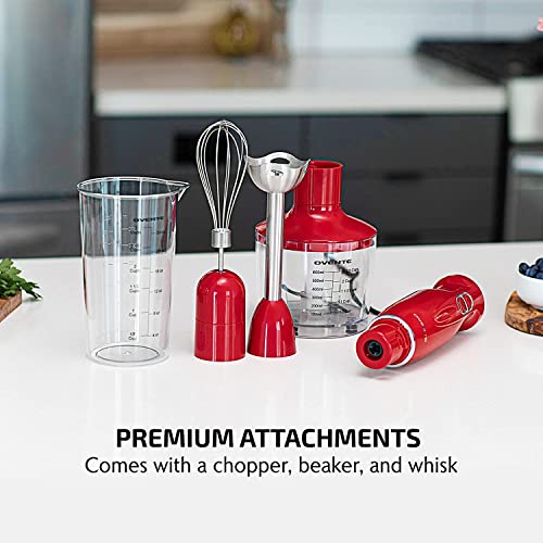 OVENTE Immersion Electric Hand Blender 300 Watt Power 2 Mix Speed with Stainless Steel Blades, Handheld Stick Mixer Set with Egg Whisk Attachment Mixing Beaker and BPA-Free Food Chopper, Red HS565R