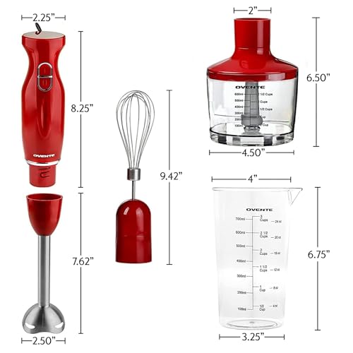 OVENTE Immersion Electric Hand Blender 300 Watt Power 2 Mix Speed with Stainless Steel Blades, Handheld Stick Mixer Set with Egg Whisk Attachment Mixing Beaker and BPA-Free Food Chopper, Red HS565R