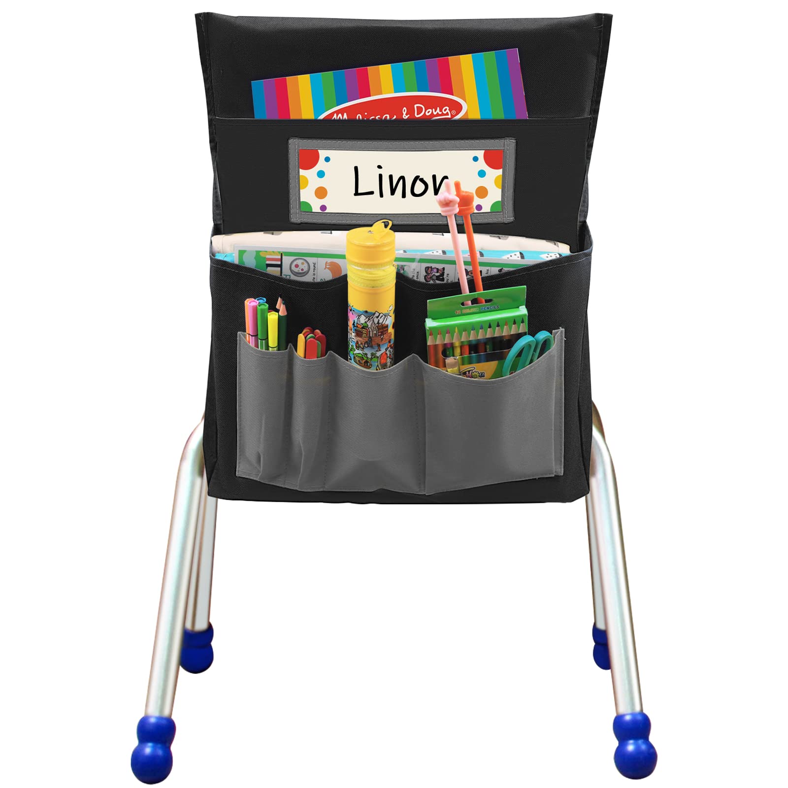 AUVCAS Black Chair Back Pocket School Seat Chair Storage Pocket Organizer with Label Slot Multiple Pockets for School Home Classroom Preschool Daycare