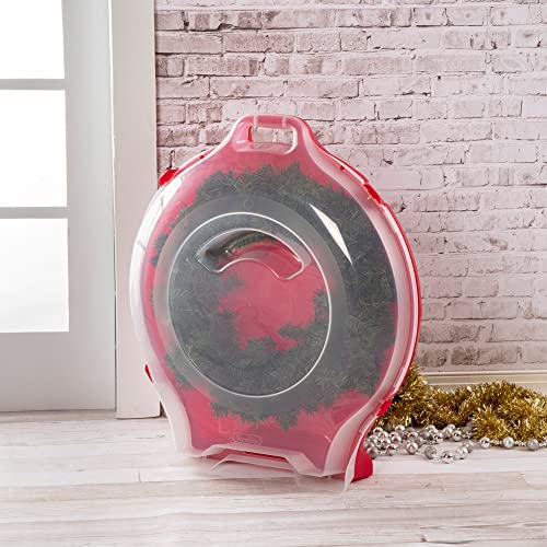 Sterilite Clear Lid Stackable Nesting Storage Christmas Holiday Wreath Box with Handle, Feet, and Latches for Up to 24 inch Wreaths, Red (1 Pack)