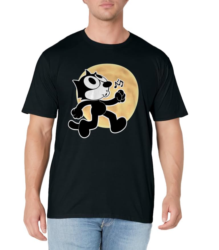 Felix Cartoon Whistling Music Notes Walking in Moonlight T-Shirt