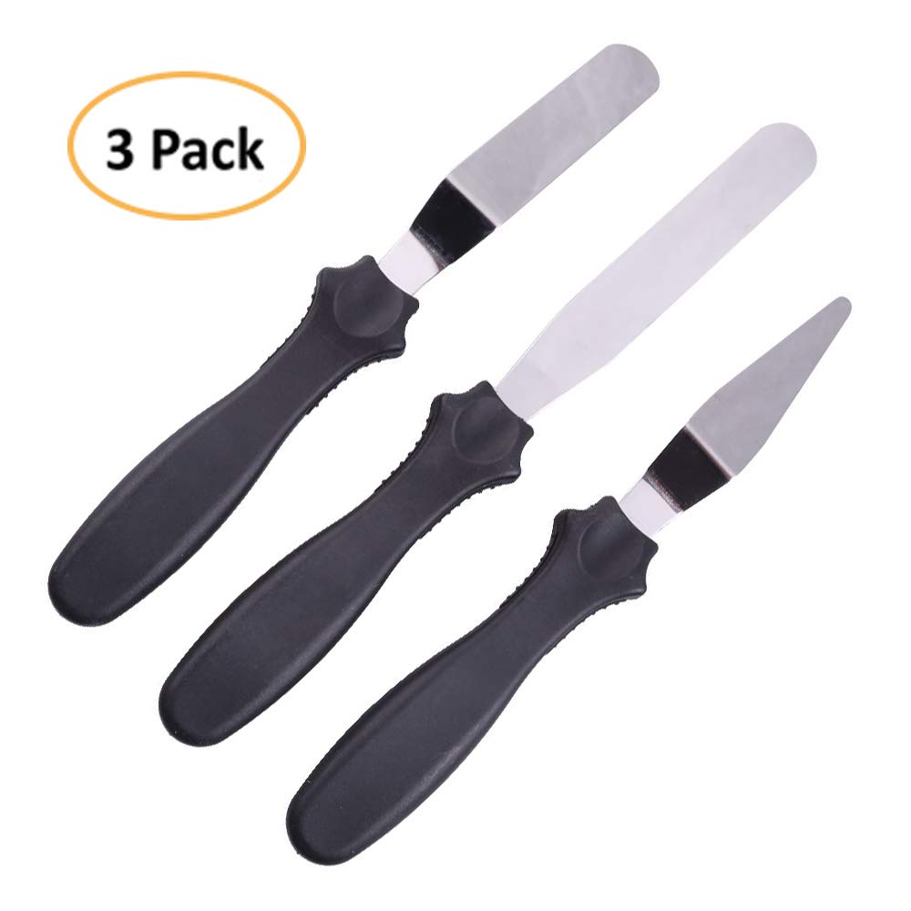 Naranqa Professional Offset Spatula Set with Plastic Handle - 3-Piece Stainless Steel Icing Spatula Variety Set & Cake Decorating Tools, Flexible Resistant Blades, 2 Angled and 1 Straight