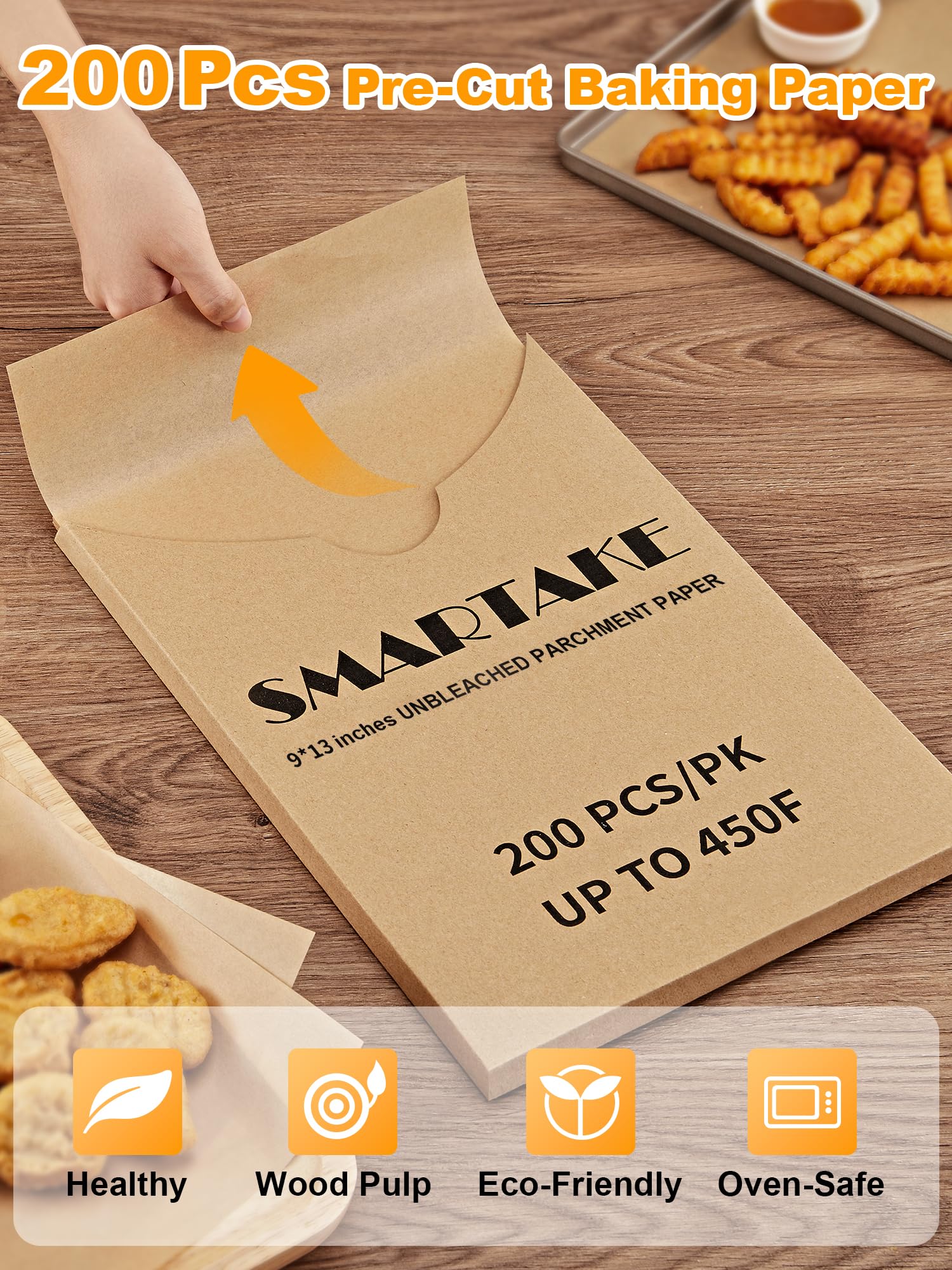 SMARTAKE 200 Pcs Parchment Paper Baking Sheets, 9x13 Inches Non-Stick Precut Baking Parchment, for Baking Grilling Air Fryer Steaming Bread Cup Cake Cookie and More (Unbleached)