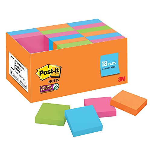 Post-it® Notes Super Sticky Notes, 1-7/8" x 1-7/8", Multicolor, 90 Notes Per Pad, Pack Of 18 Pads