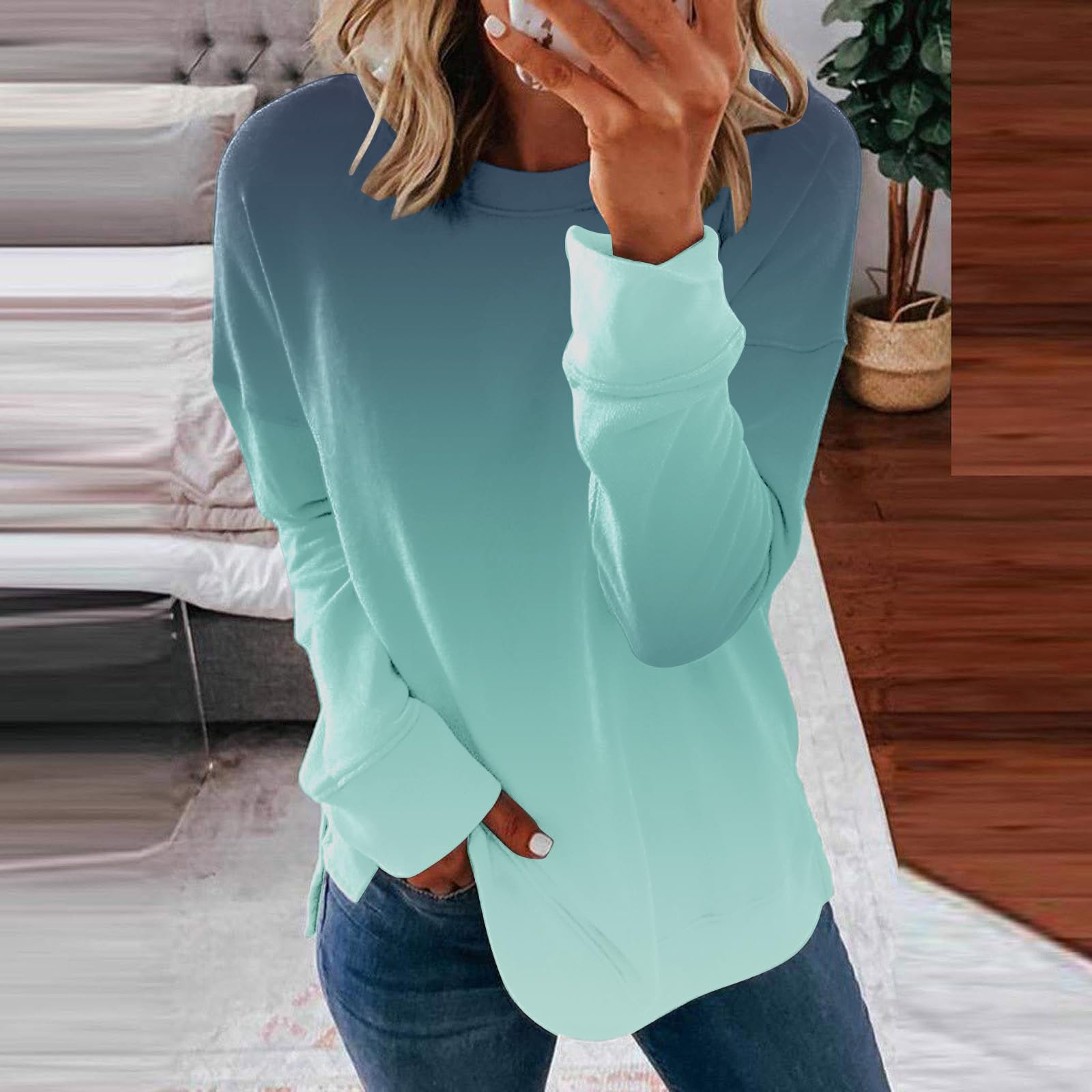 Ceboyel Women Tie Dye Long Sleeve Shirt Trendy Crewneck Sweatshirt Pullover Loose Fit Casual Tops Fall Fashion Clothes 2023 Plus Size Sweaters for Women Green L