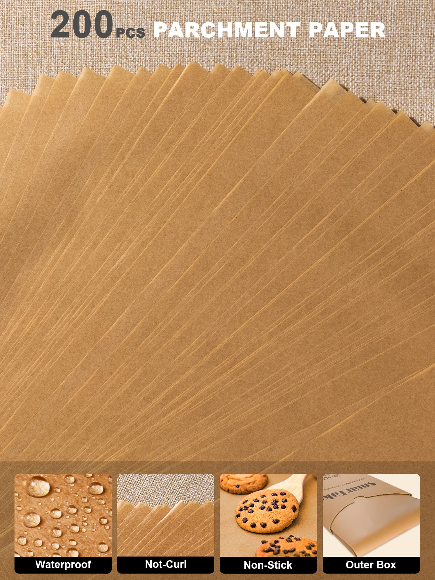 SMARTAKE 200 Pcs Parchment Paper Baking Sheets, 9x13 Inches Non-Stick Precut Baking Parchment, for Baking Grilling Air Fryer Steaming Bread Cup Cake Cookie and More (Unbleached)