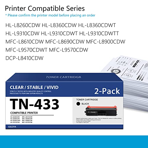 GULOYA TN433 TN-433 Toner Cartridge Black High Yield 2 Pack Compatible Replacement for Brother TN4332PK HL-L8260CDW L8360CDW DCP-L8410CDW MFC-L8610CDW L9570CDW Printer Toner