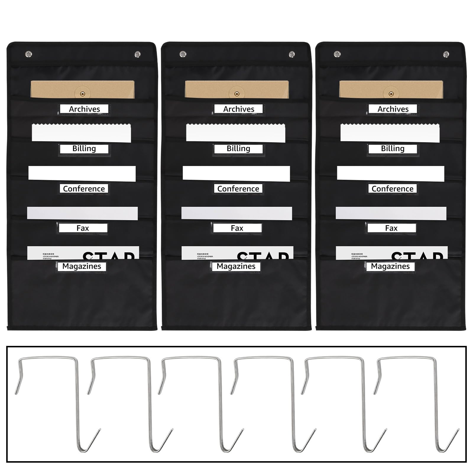CertBuy 3 Pack Hanging File Folder Organizer, 15 Pockets and 6 Over The Door Hanger, Wall Mount Document Letter Organizer, Pocket Chart Office Supplies Office Bill Organizer for Home School Classroom