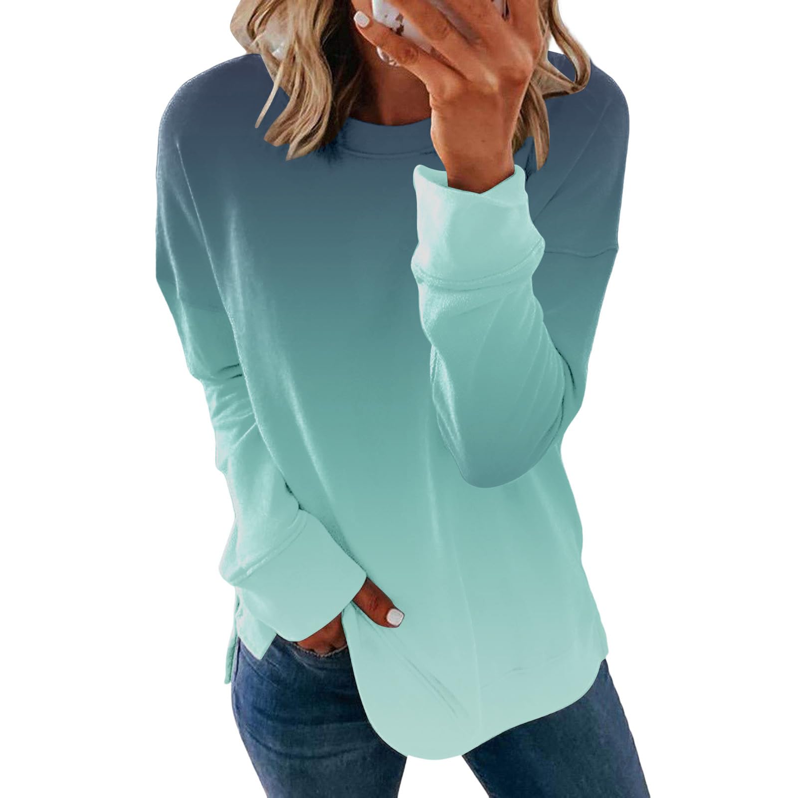Ceboyel Women Tie Dye Long Sleeve Shirt Trendy Crewneck Sweatshirt Pullover Loose Fit Casual Tops Fall Fashion Clothes 2023 Plus Size Sweaters for Women Green L