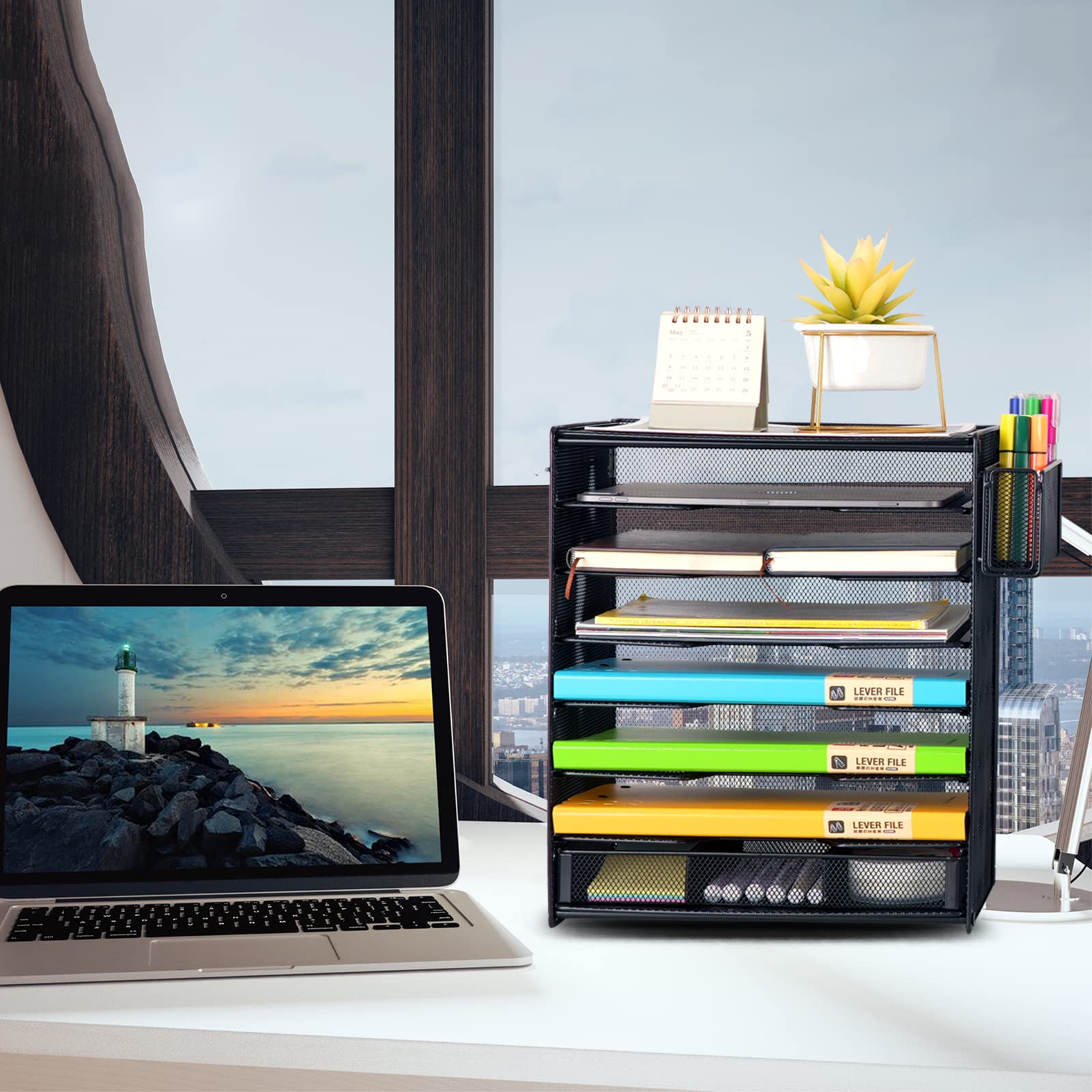 VEESUN Desk Organizer 8-Tier,Paper Organizer Letter Tray With Sliding Drawer And Pen Holder, Desk File Document Organizer Shelf And Sorter, Black For School Home Office