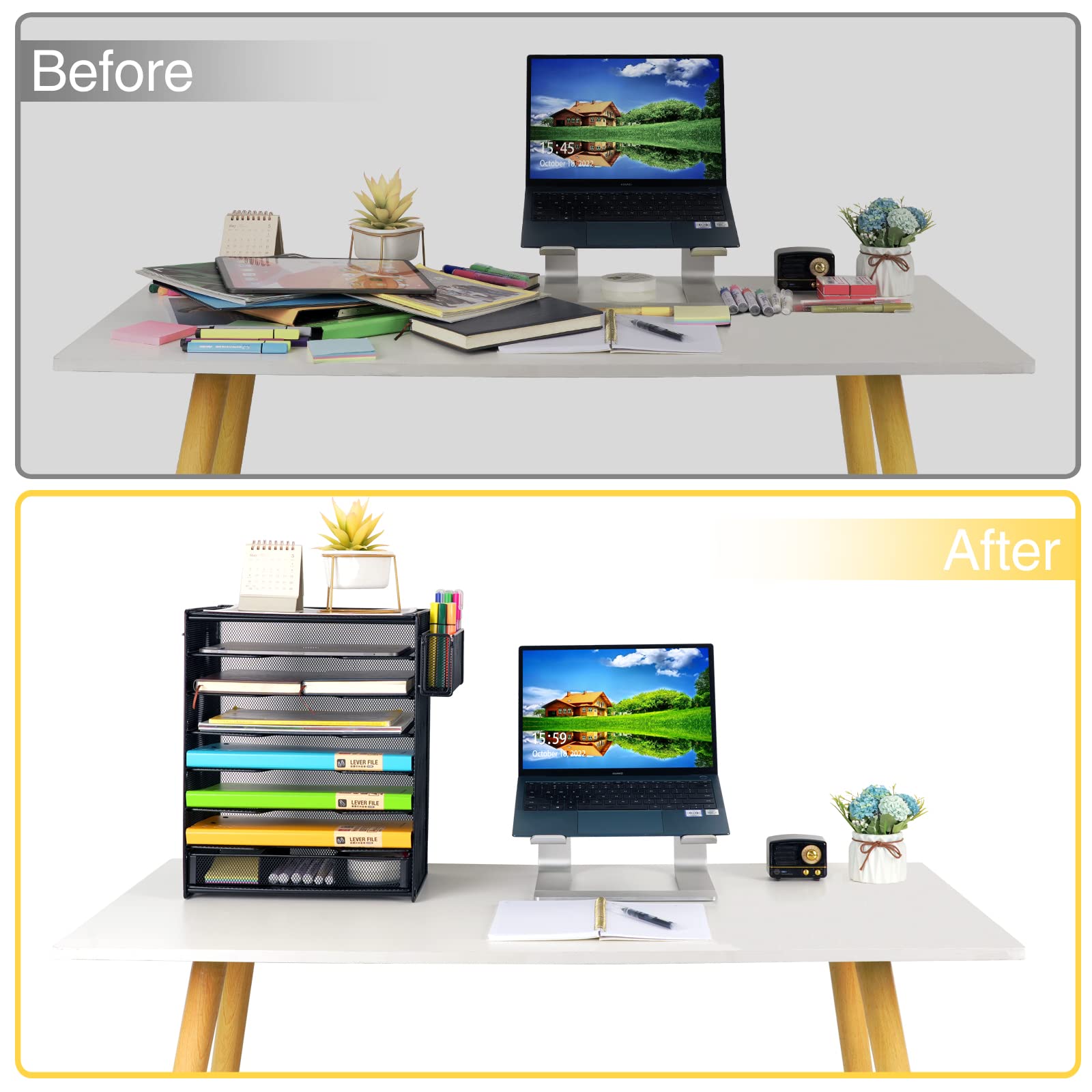 VEESUN Desk Organizer 8-Tier,Paper Organizer Letter Tray With Sliding Drawer And Pen Holder, Desk File Document Organizer Shelf And Sorter, Black For School Home Office