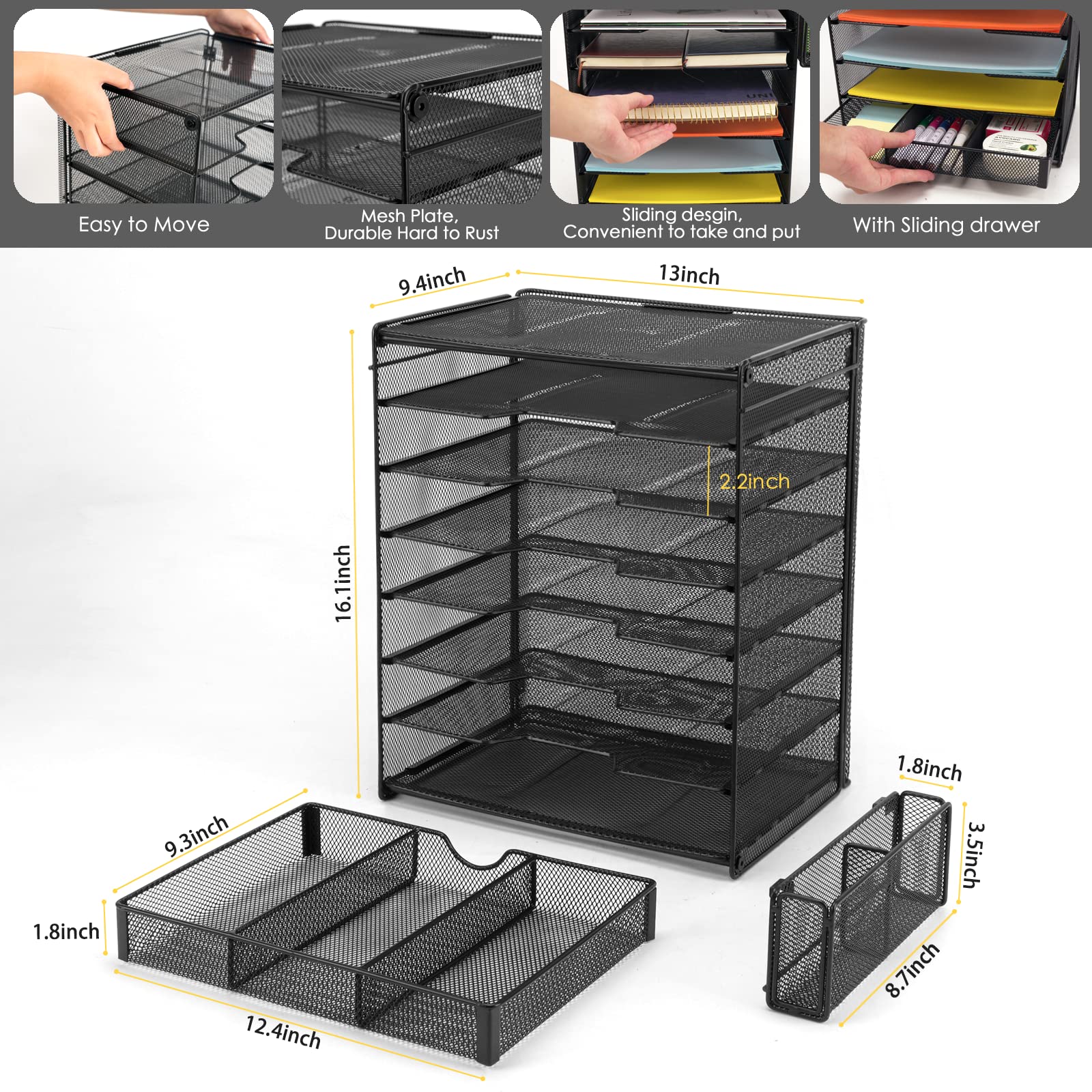 VEESUN Desk Organizer 8-Tier,Paper Organizer Letter Tray With Sliding Drawer And Pen Holder, Desk File Document Organizer Shelf And Sorter, Black For School Home Office
