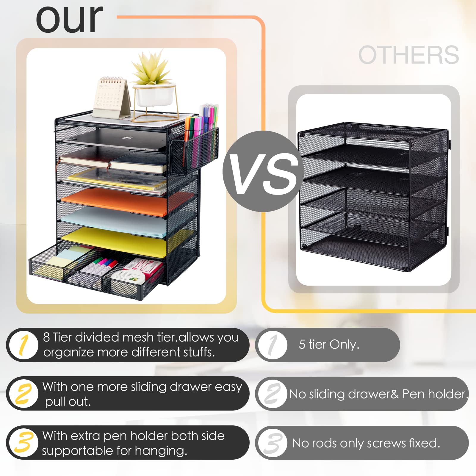 VEESUN Desk Organizer 8-Tier,Paper Organizer Letter Tray With Sliding Drawer And Pen Holder, Desk File Document Organizer Shelf And Sorter, Black For School Home Office