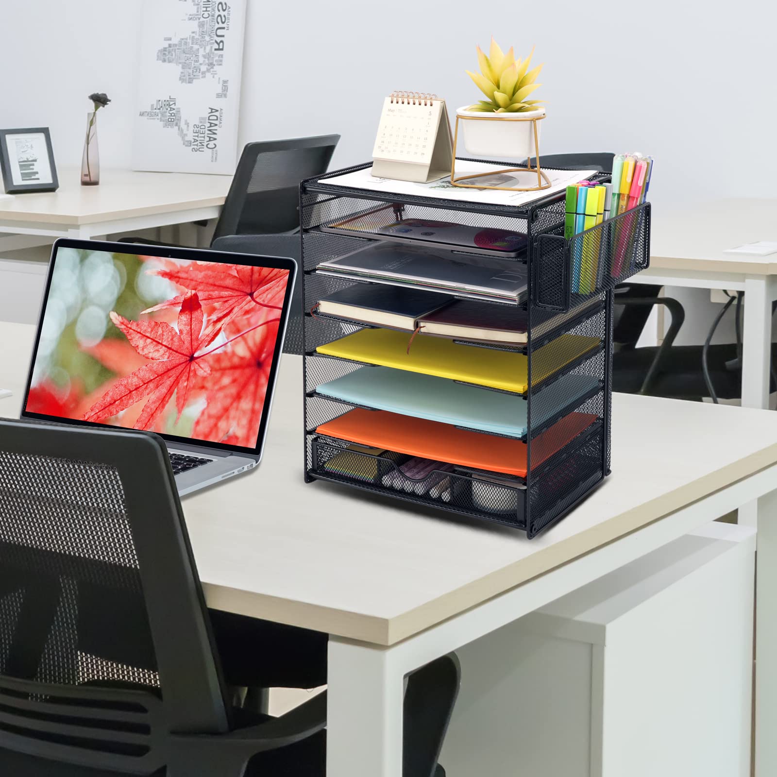 VEESUN Desk Organizer 8-Tier,Paper Organizer Letter Tray With Sliding Drawer And Pen Holder, Desk File Document Organizer Shelf And Sorter, Black For School Home Office