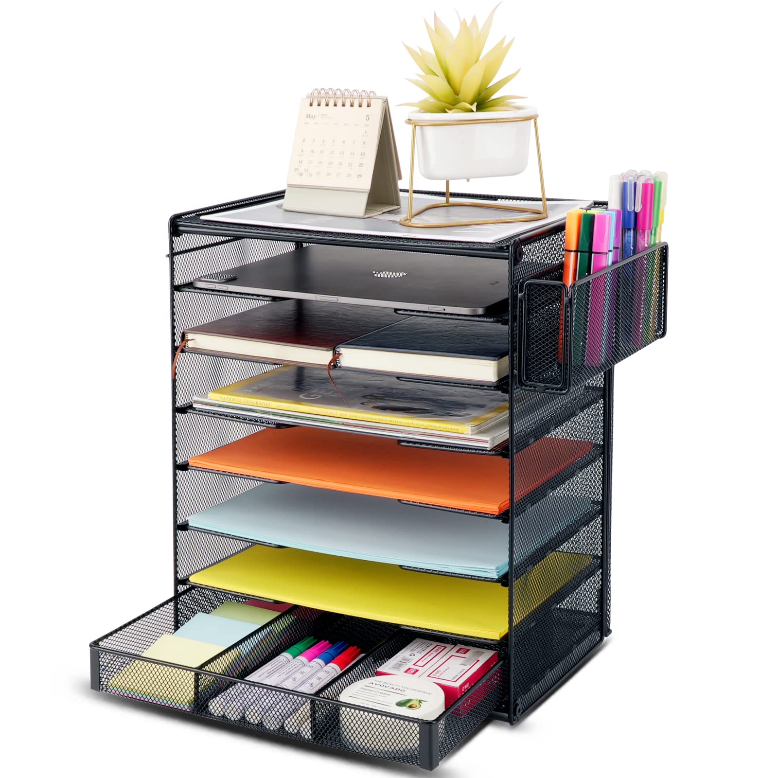 VEESUN Desk Organizer 8-Tier，Paper Organizer Letter Tray With Sliding Drawer And Pen Holder, Desk File Document Organizer Shelf And Sorter, Black For School Home Office