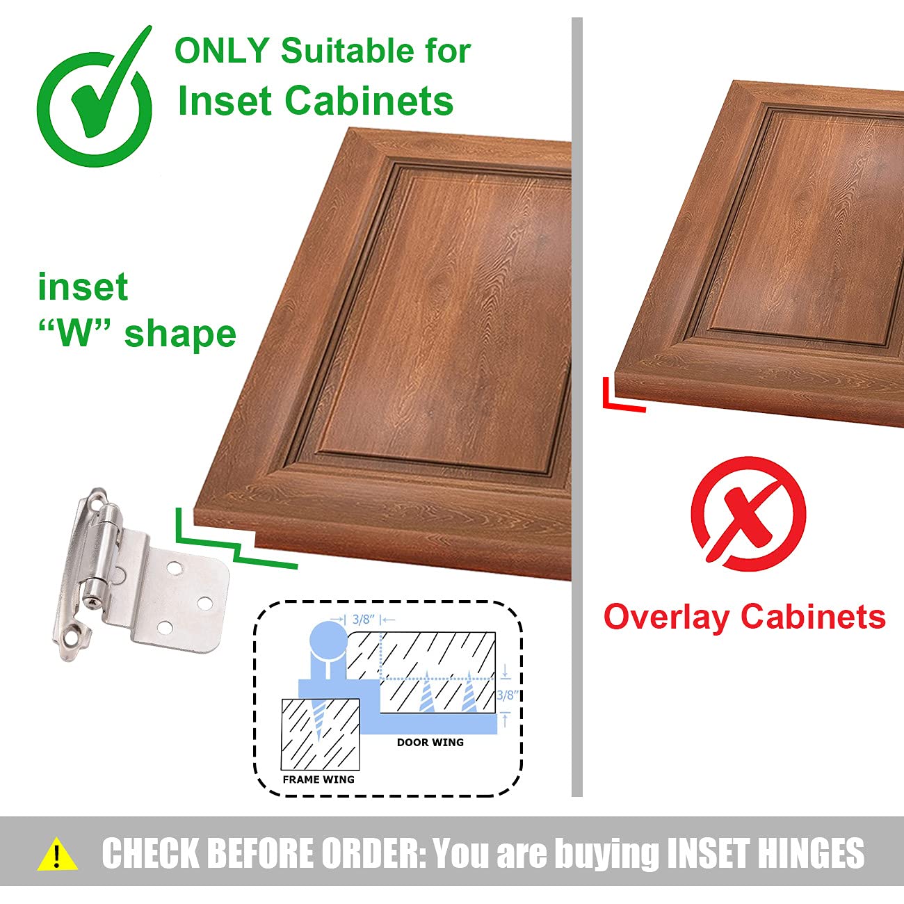 Double Elite 3/8" Inset Satin Brushed Nickel Cabinet Hinges 25 Pairs(50 Pcs), Self Closing Hinges for Kitchen Cabinets/Cupboard/Furniture Doors, Silver Nickel Cabinet Door Hinges with Upgraded Screws