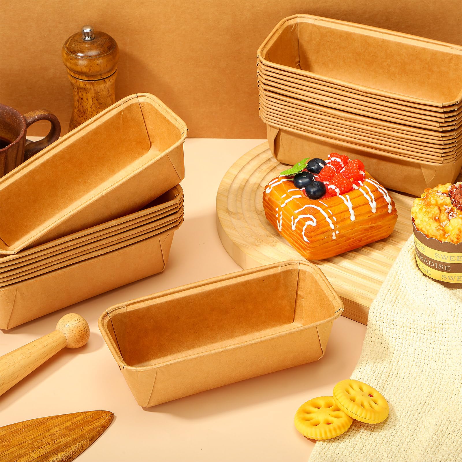 Mifoci 25 Pcs Paper Loaf Pans for Baking Easy Kraft Paper Bread Baking Pans Disposable Paper Baking Loft Mold for Microwave Freezer Oven Safe Display(Rectangle)