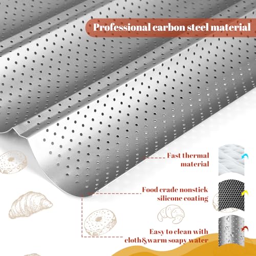 Mifoci 6 Pcs Non Stick Baguette Pan 15" x 13" Bread Pan Carbon Steel Mold Perforated 4 Wave Loaves Loaf Oven Tray for Sourdough French Bread Baking(Silver)