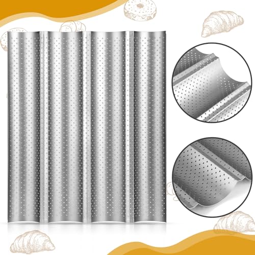 Mifoci 6 Pcs Non Stick Baguette Pan 15" x 13" Bread Pan Carbon Steel Mold Perforated 4 Wave Loaves Loaf Oven Tray for Sourdough French Bread Baking(Silver)