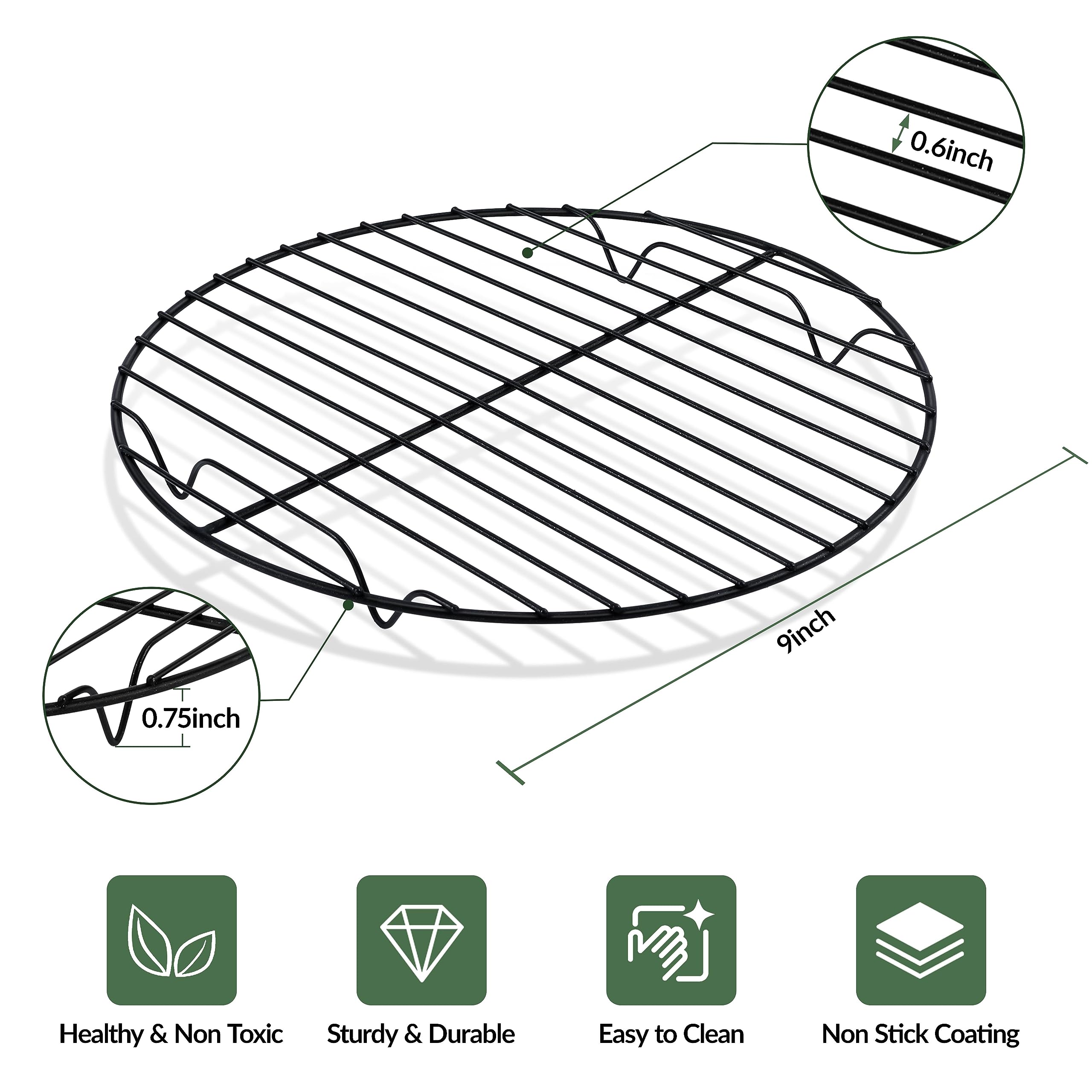 TeamFar Cooling Rack, 9inch Round Baking Wire Rack with Stainless Steel Core & Nonstick Coating, for Roasting Grilling Steaming, Non Toxic & Sturdy, Oven Safe & Anti-melt, Easy Clean β Set of 2