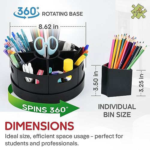 PUZZLE EZ Black Rotating Desk Organizer Lazy Susan Caddies for Home School Office Supplies, Pens, Markers and Art Supplies for Classroom