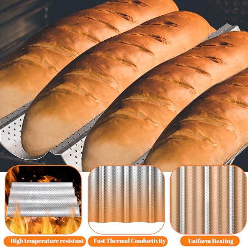 Mifoci 6 Pcs Non Stick Baguette Pan 15" x 13" Bread Pan Carbon Steel Mold Perforated 4 Wave Loaves Loaf Oven Tray for Sourdough French Bread Baking(Silver)