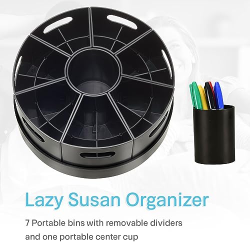 PUZZLE EZ Black Rotating Desk Organizer Lazy Susan Caddies for Home School Office Supplies, Pens, Markers and Art Supplies for Classroom