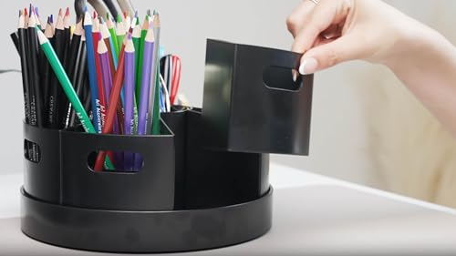PUZZLE EZ Black Rotating Desk Organizer Lazy Susan Caddies for Home School Office Supplies, Pens, Markers and Art Supplies for Classroom
