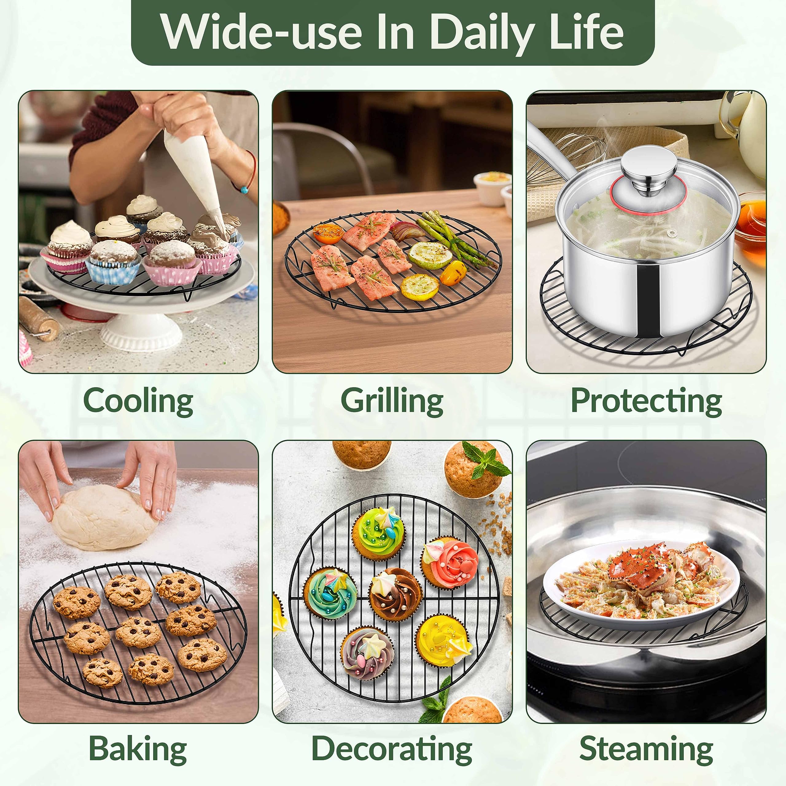 TeamFar Cooling Rack, 9inch Round Baking Wire Rack with Stainless Steel Core & Nonstick Coating, for Roasting Grilling Steaming, Non Toxic & Sturdy, Oven Safe & Anti-melt, Easy Clean β Set of 2