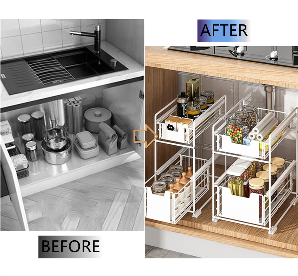 2 Pack - Simple Gear Heavy Duty 2-Tier Under Sink Cabinet Organizers with Sliding Storage Drawer, Pull Out Cabinets Organizer Shelf for Kitchen Bathroom Cabinet or Pantry (Black-2 Pack)