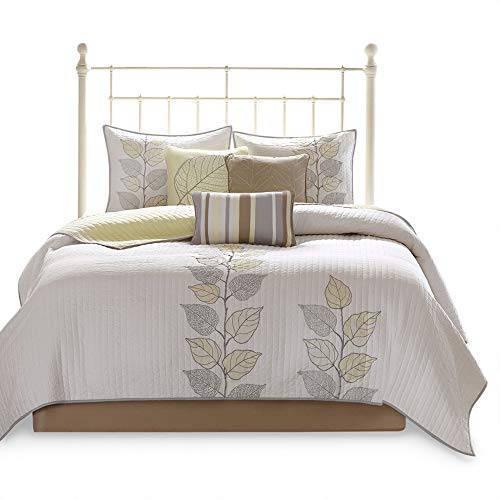 Madison Park Caelie Quilt Modern Classic Design All Season, Breathable Coverlet Lightweight Bedding Set, Matching Shams, Decorative Pillow, King/Cal King(104"x94"), Leaf Yellow 6 Piece
