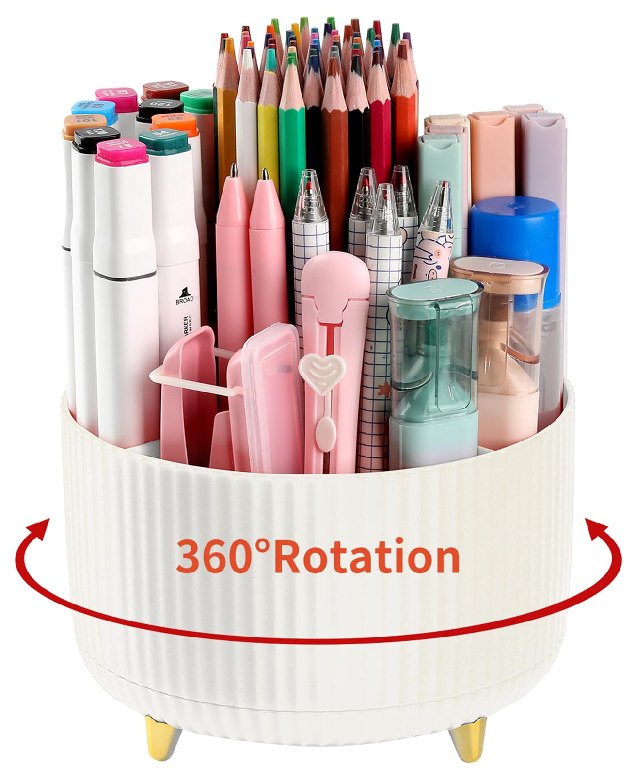 Desk Pen Holder, 5 Slot 360 Rotating Pen Organizer for Desk, Desktop Storage Stationery Supplies Organizer, Cute Pencil Cup Pot for Office, School, Home, Art Supply, Beige