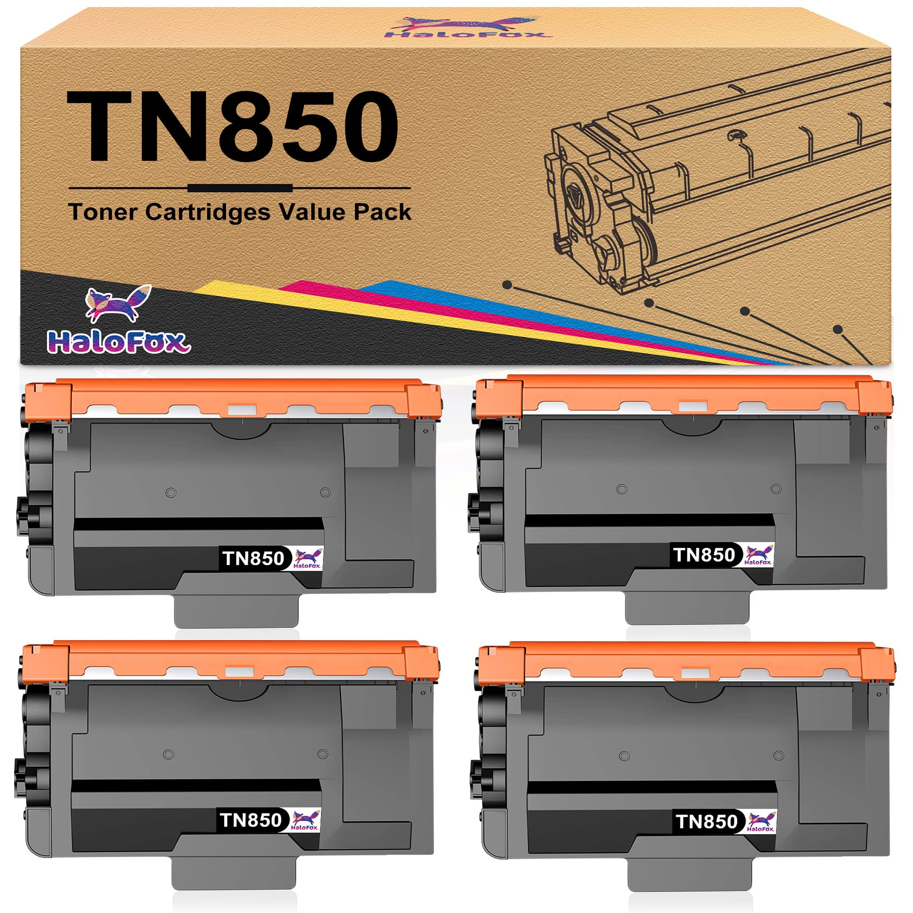 HaloFox Compatible Toner-Cartridge Replacement for Brother TN850 TN 850 TN-850 TN820 TN-820 TN 820 for HL-L6200DW MFC-L5900DW MFC-L5850DW MFC-L5700DW MFC-L6800DW HL-L5200DW Printer (Black, 4-Pack)