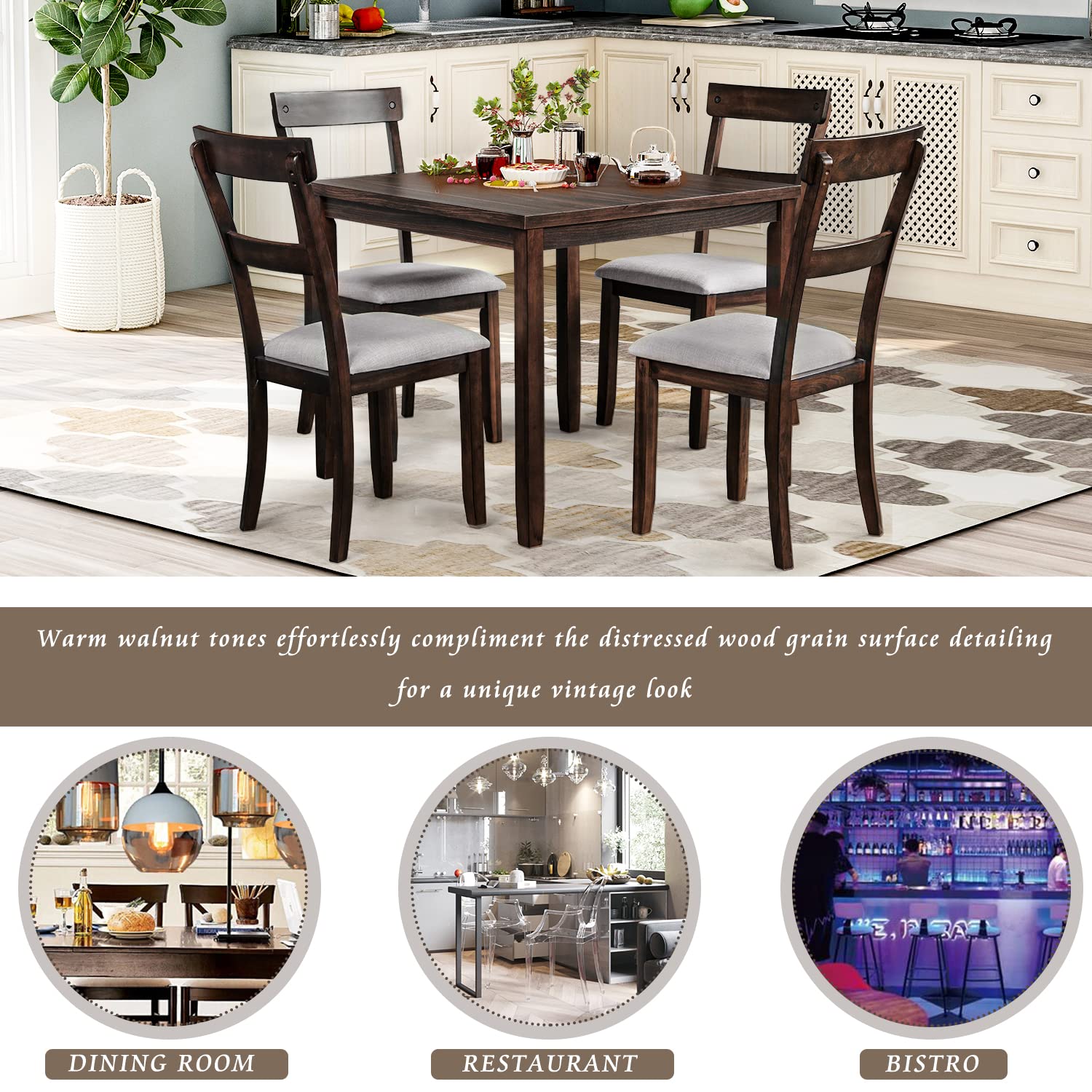 LAVHOME 5-Piece Set Industrial Wooden Kitchen Table and 4 Chairs for Dining Room (Espresso)