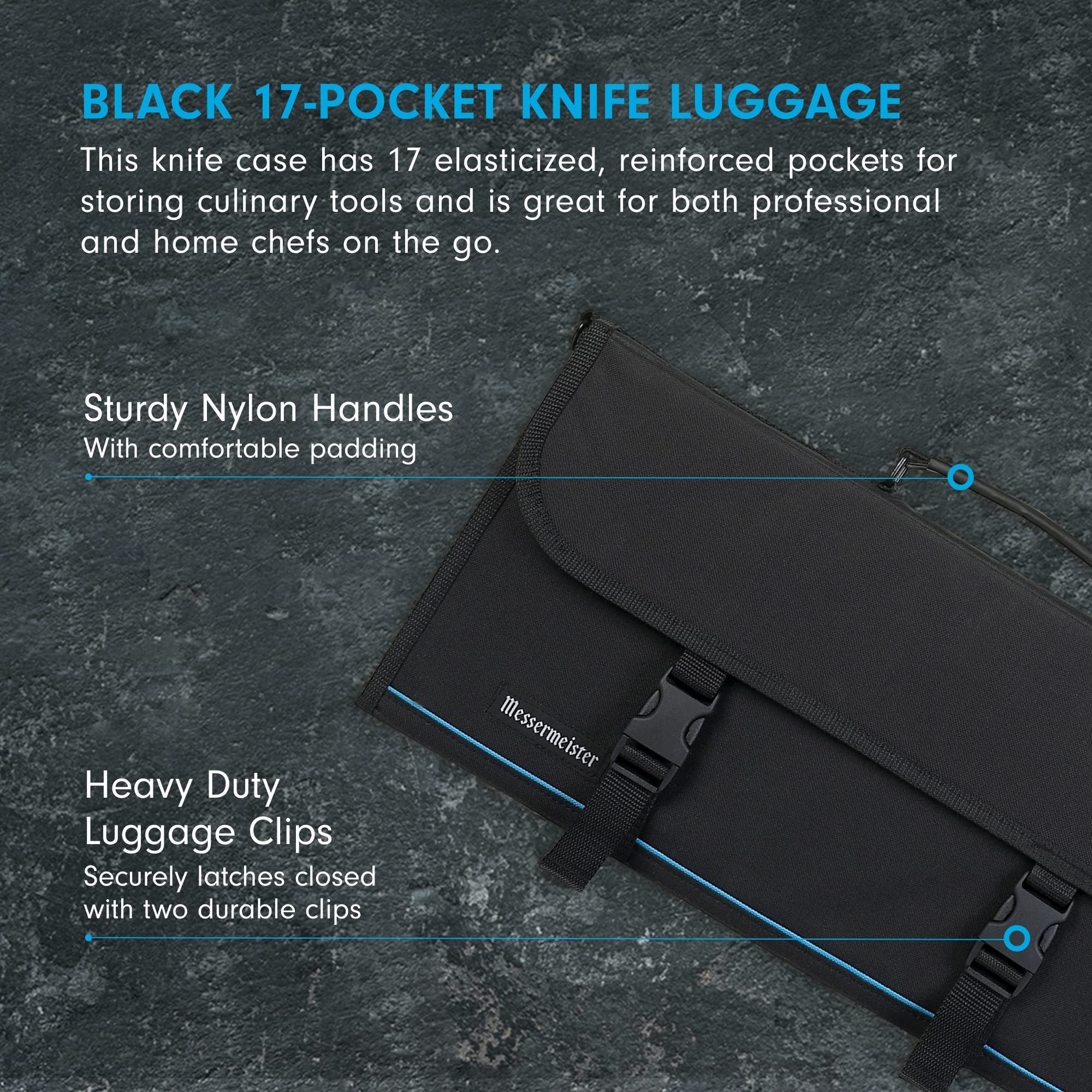Messermeister 17-Pocket Knife Case with Large Outer Pocket, Black - 17 Elasticized, Reinforced Pockets for Culinary Tools - Holds Up to 18” Knives - Functional, Stylish & Durable