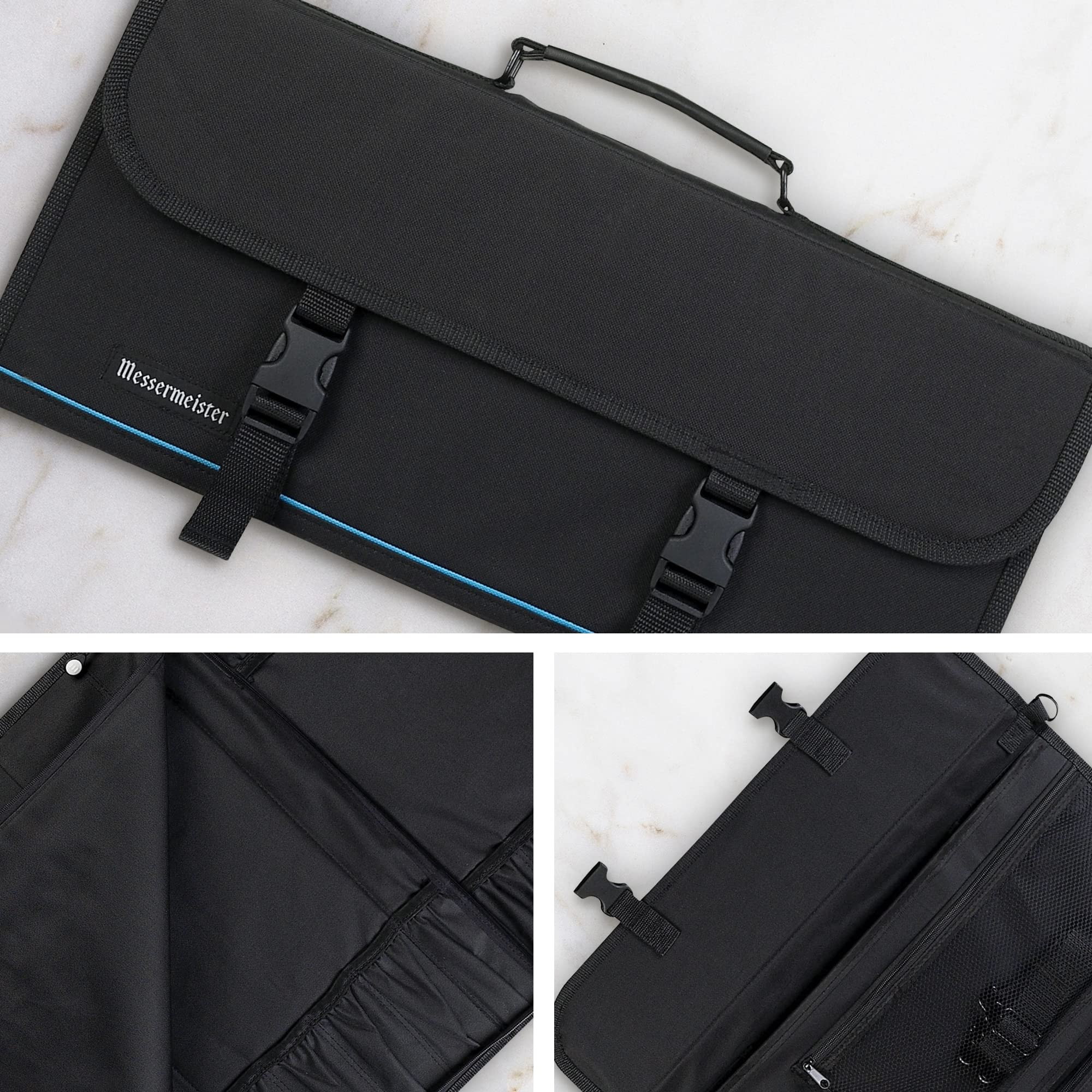 Messermeister 17-Pocket Knife Case with Large Outer Pocket, Black - 17 Elasticized, Reinforced Pockets for Culinary Tools - Holds Up to 18” Knives - Functional, Stylish & Durable
