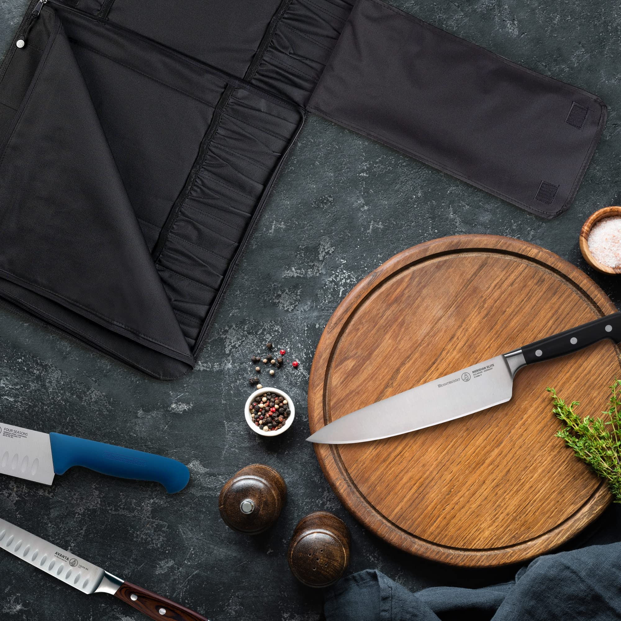 Messermeister 17-Pocket Knife Case with Large Outer Pocket, Black - 17 Elasticized, Reinforced Pockets for Culinary Tools - Holds Up to 18” Knives - Functional, Stylish & Durable