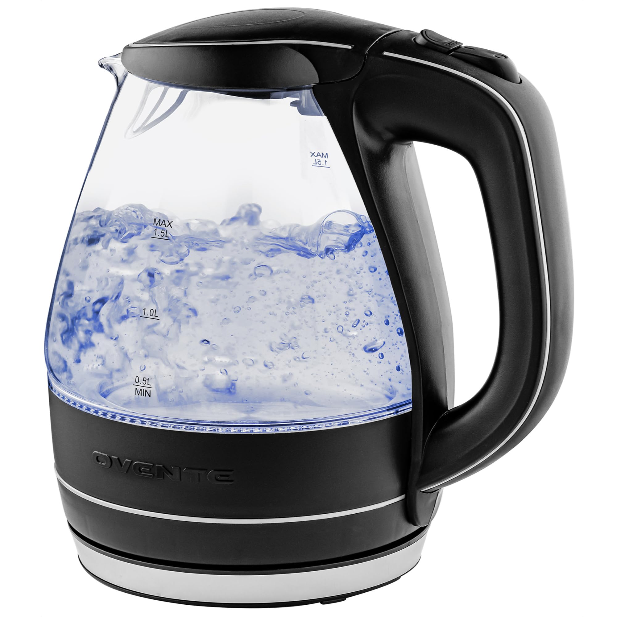 Ovente Glass Electric Kettle, 1.5 Liter BPA Free Borosilicate Glass Fast Boiling Countertop Heater with Automatic Shut Off & Boil Dry Protection, Hot water Boiler for Tea & Coffee, Black KG83B