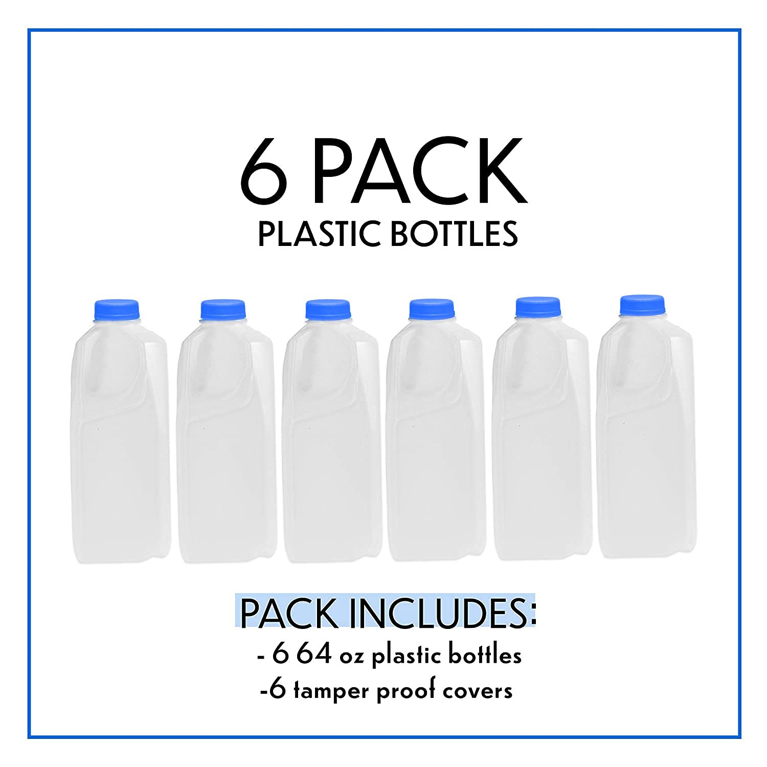 [6 PACK] Half Gallon Jugs With Caps - 64oz Empty Milk Plastic Container Bottles and Lid
