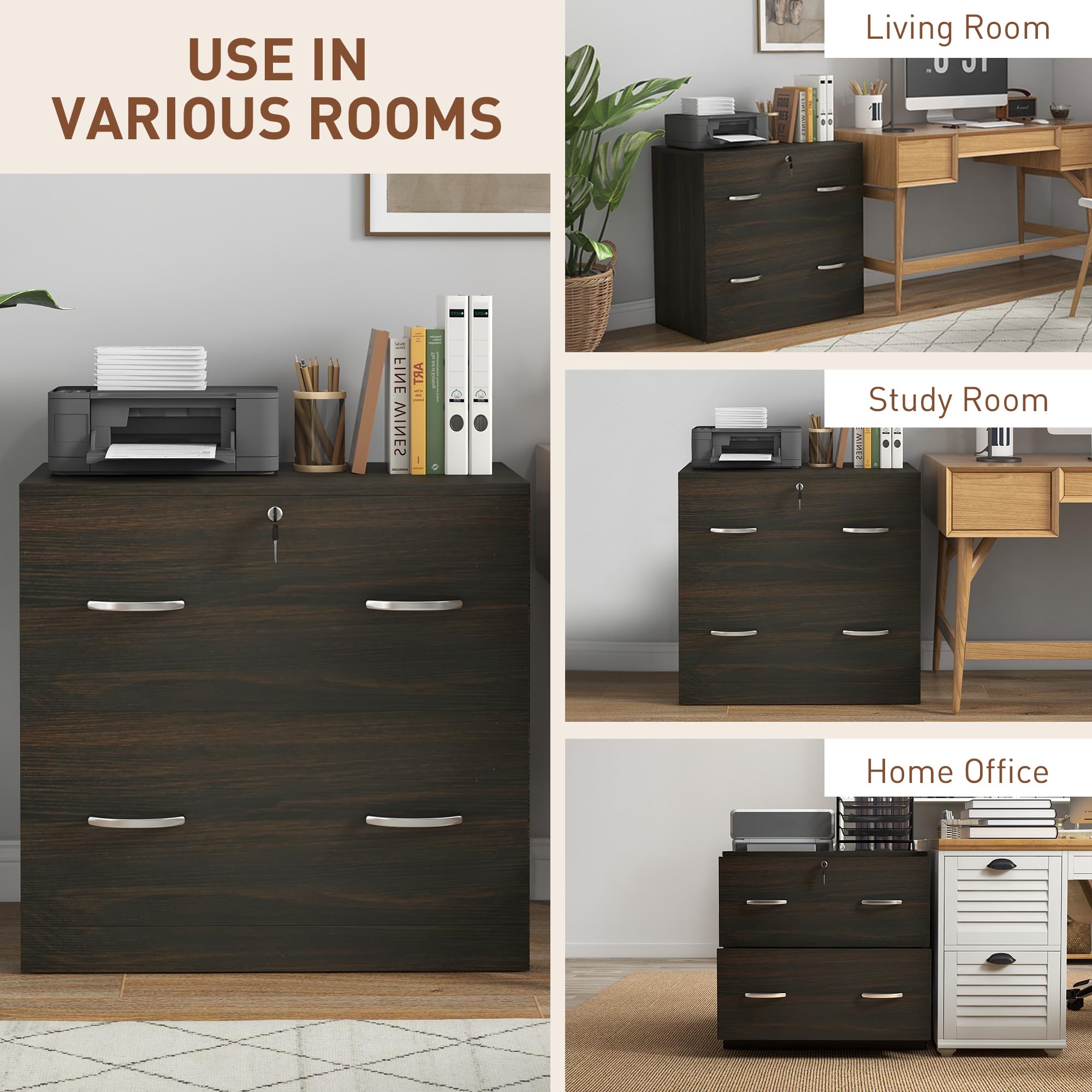 Vinsetto 2-Drawer File Cabinet with Lock and Keys, Vertical Storage Filing Cabinet with Hanging Bar for Letter Size, Home Office, Walnut