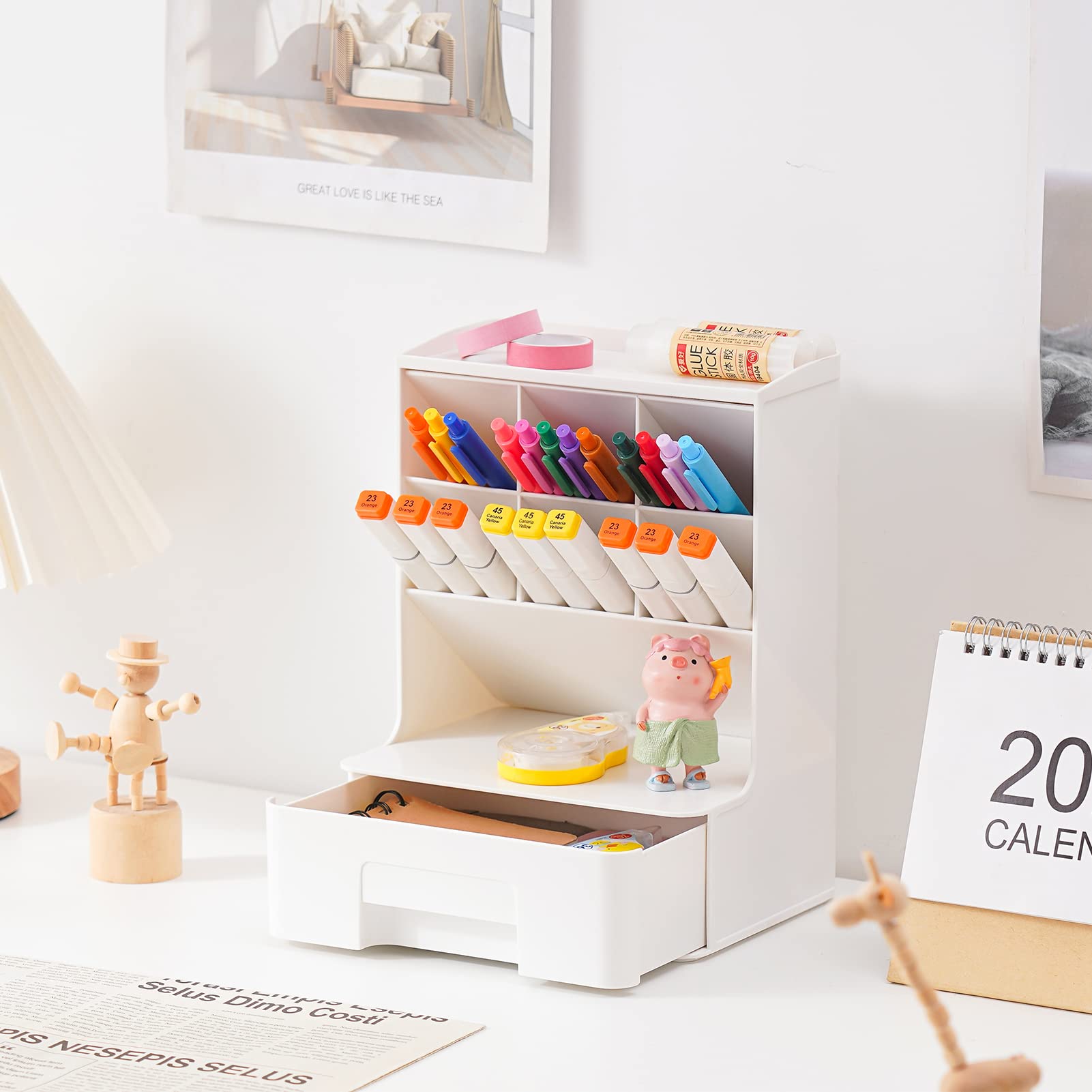 Marbrasse Desk Organizer with Drawer, Pen Organizer for Desk, Multi-Functional Pencil Holder, Desktop Stationary Organizer, Storage for School Home Office Art Supplies (White Pen Holder with Drawer)