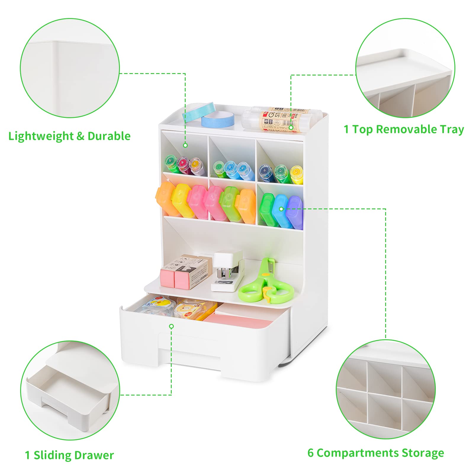 Marbrasse Desk Organizer with Drawer, Pen Organizer for Desk, Multi-Functional Pencil Holder, Desktop Stationary Organizer, Storage for School Home Office Art Supplies (White Pen Holder with Drawer)