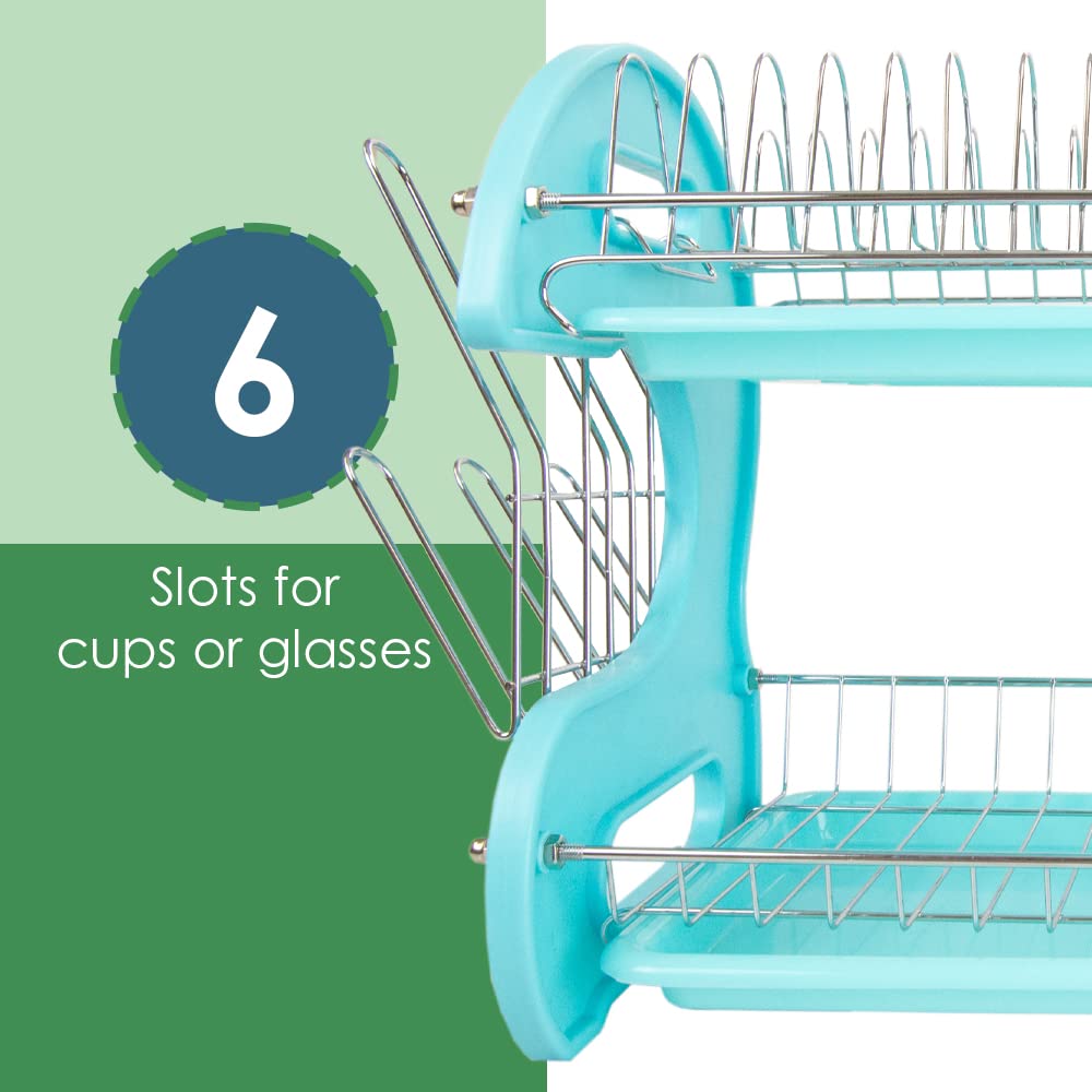 Home Basics 2 Tier Dish Drainer (Turquoise) Dish Rack for Kitchen Counter, with Cutlery Holder and Cup Slots